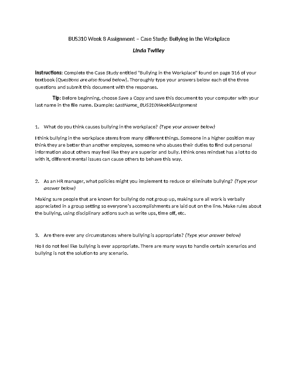 BUS310 Week 8 Assignment: Workplace Bullying Case Study Responses - Studocu