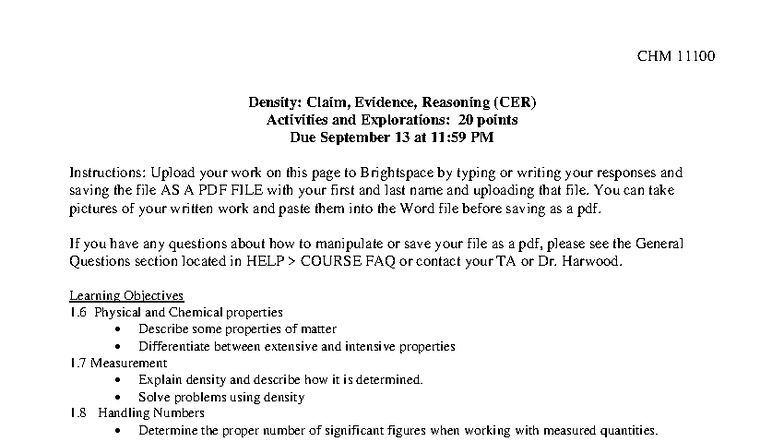CHM 2 Density: Claim, Evidence, Reasoning (CER) Activities Guide - Studocu