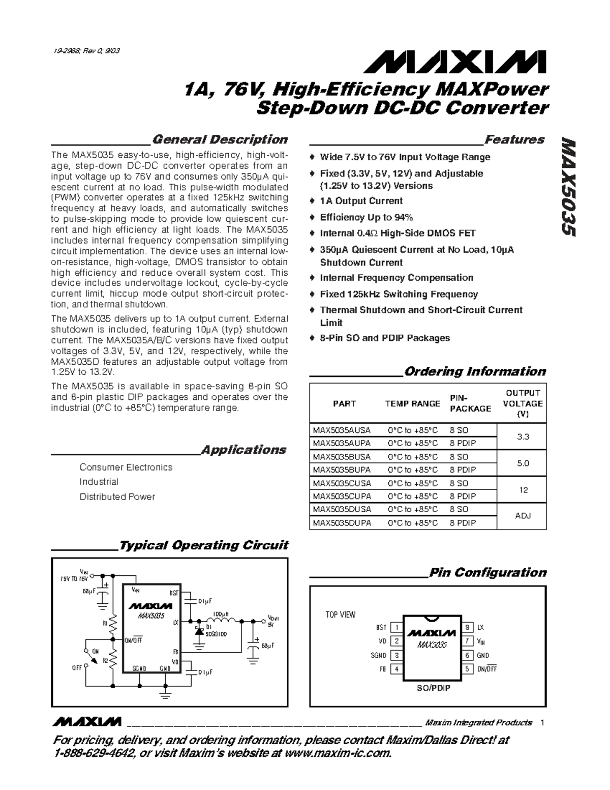 MAX5035 1A, 76V Power Converter Overview and Specifications - Studocu