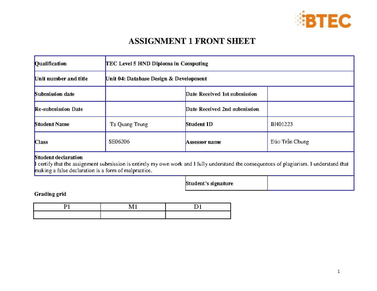 Asm2nd - ASM1 - ASSIGNMENT 1 FRONT SHEET Qualification TEC Level 5 HND Diploma in Computing Unit ...