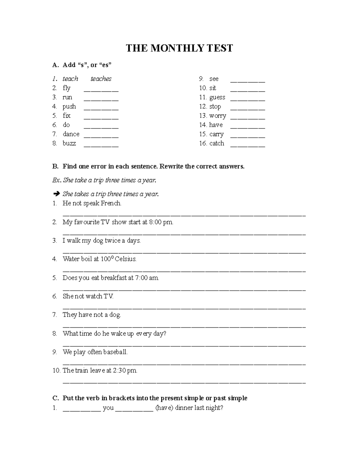 BT HTD - Monthly Test on English Grammar and Usage - Studocu