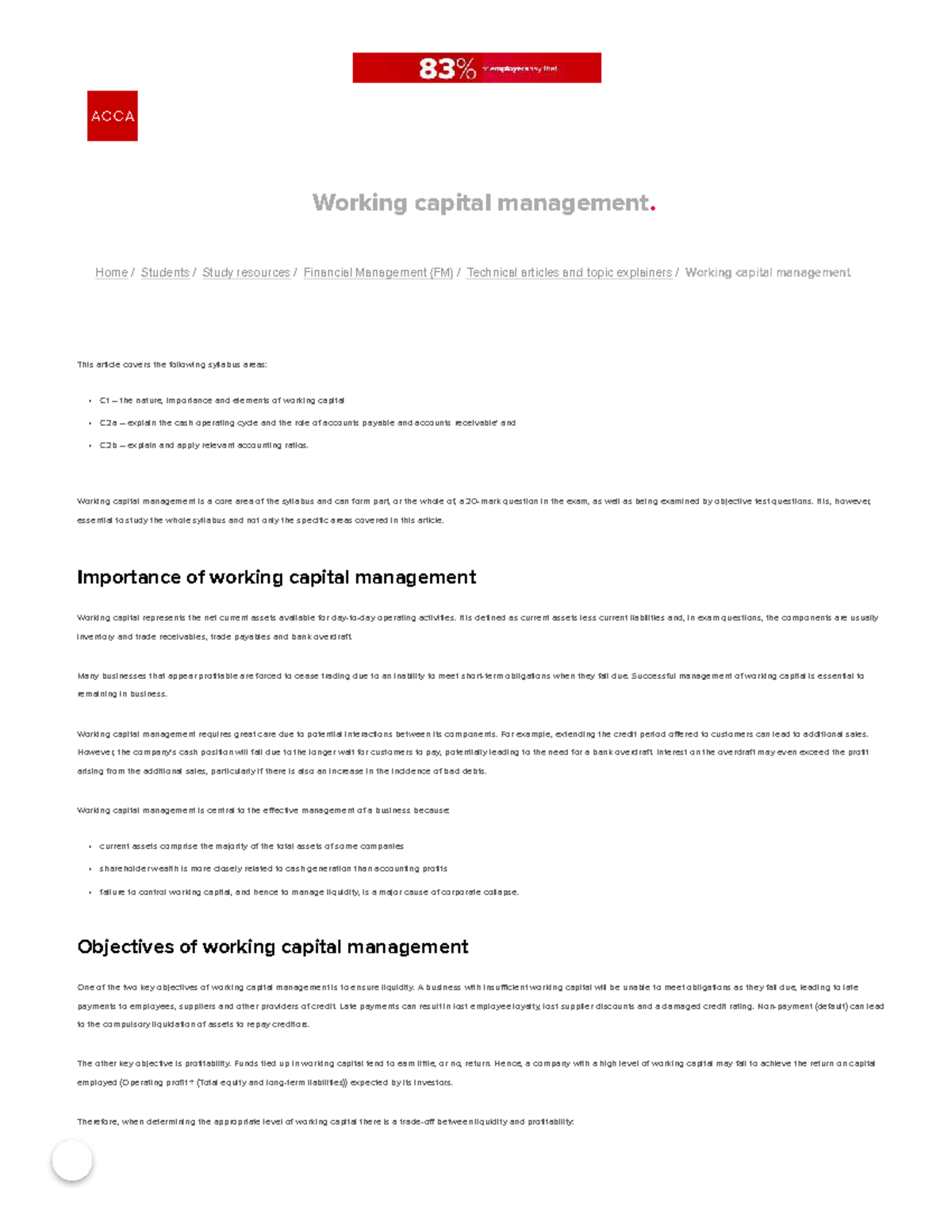 ACCA FM Working Capital Management: Key Concepts & Ratios - Studocu