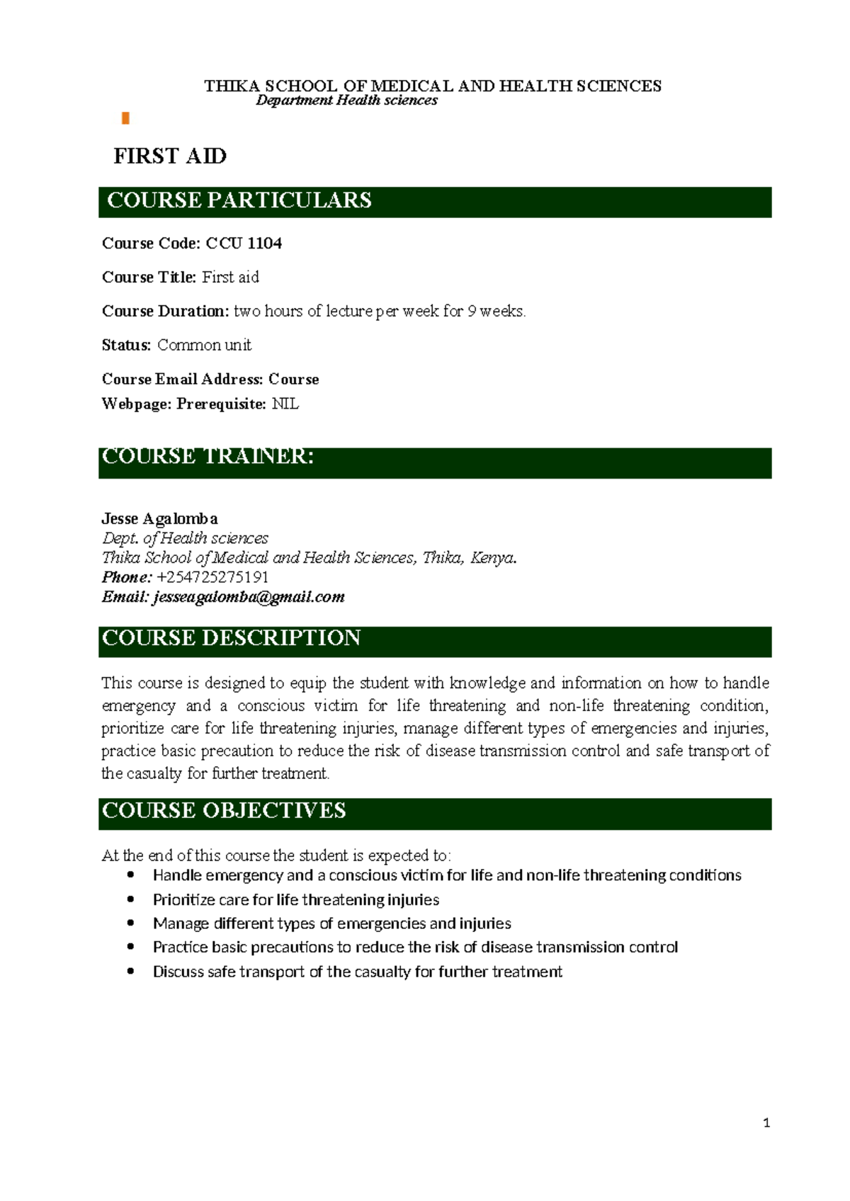First Aid Course Outline & Work Scheme - CCU 1104 - Studocu