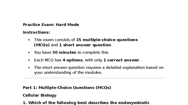 Practice Exam: Hard Mode for Cellular Biology (CB 101) - Studocu