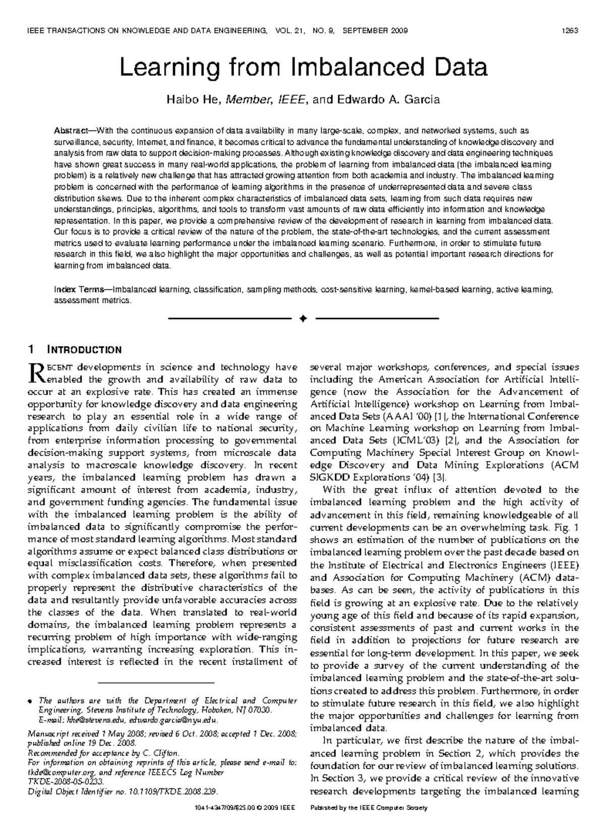 He and Garcia 2009 - Learning from Imbalanced Data - Learning from ...