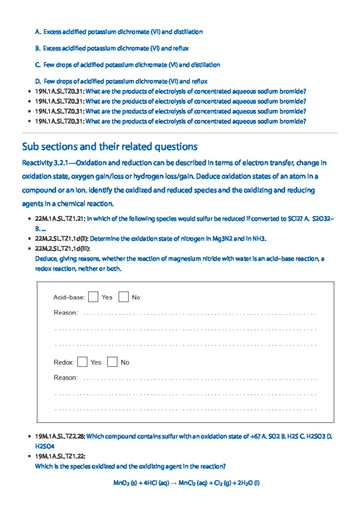IB Redox Reactions: Past Paper Questions on Reactivity 3.2.2 - Studocu
