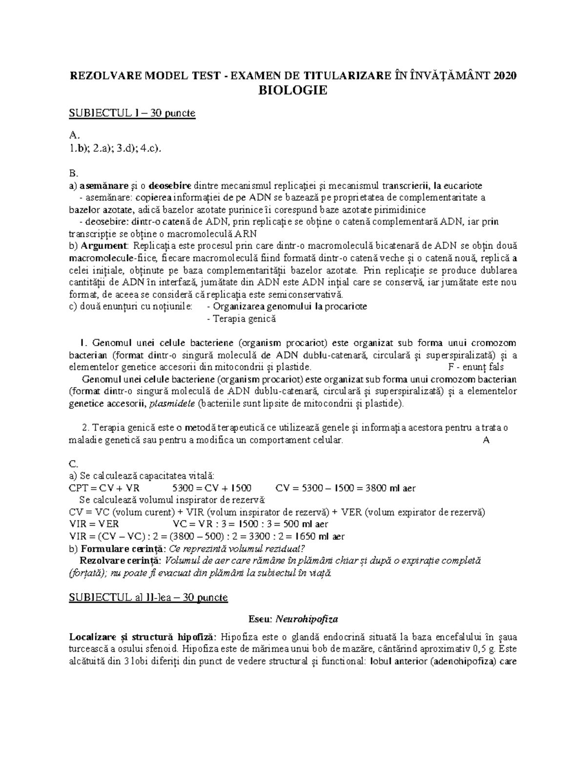 Rezolvarea Model Test Examen Titularizare Biologie 2020 - Studocu
