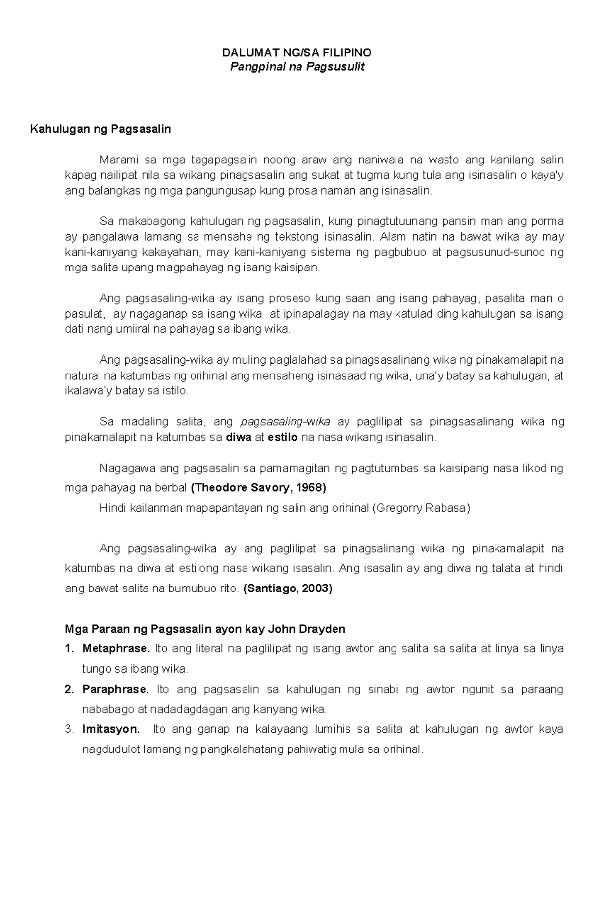 Pagsasalin ng Wika sa Filipino: Pangpinal na Pagsusulit sa FIL 101 ...