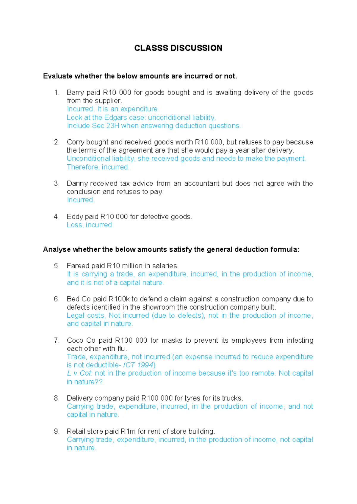 General Deductions Class Discussion: Analyzed with Answers - Studocu