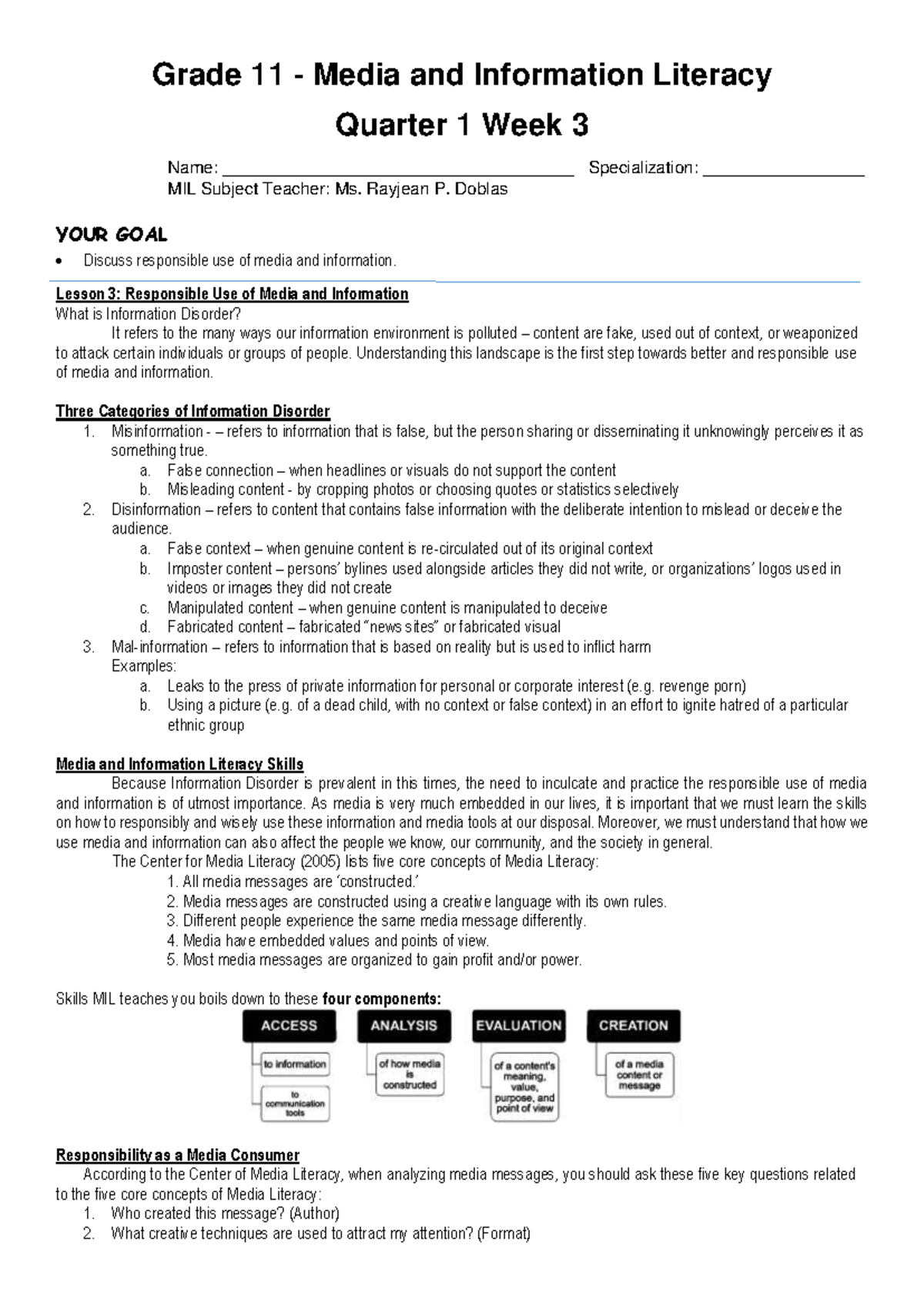 MIL Quarter 1 Week 3 Final - Grade 11 - Media and Information Literacy Quarter 1 Week 3 Name ...
