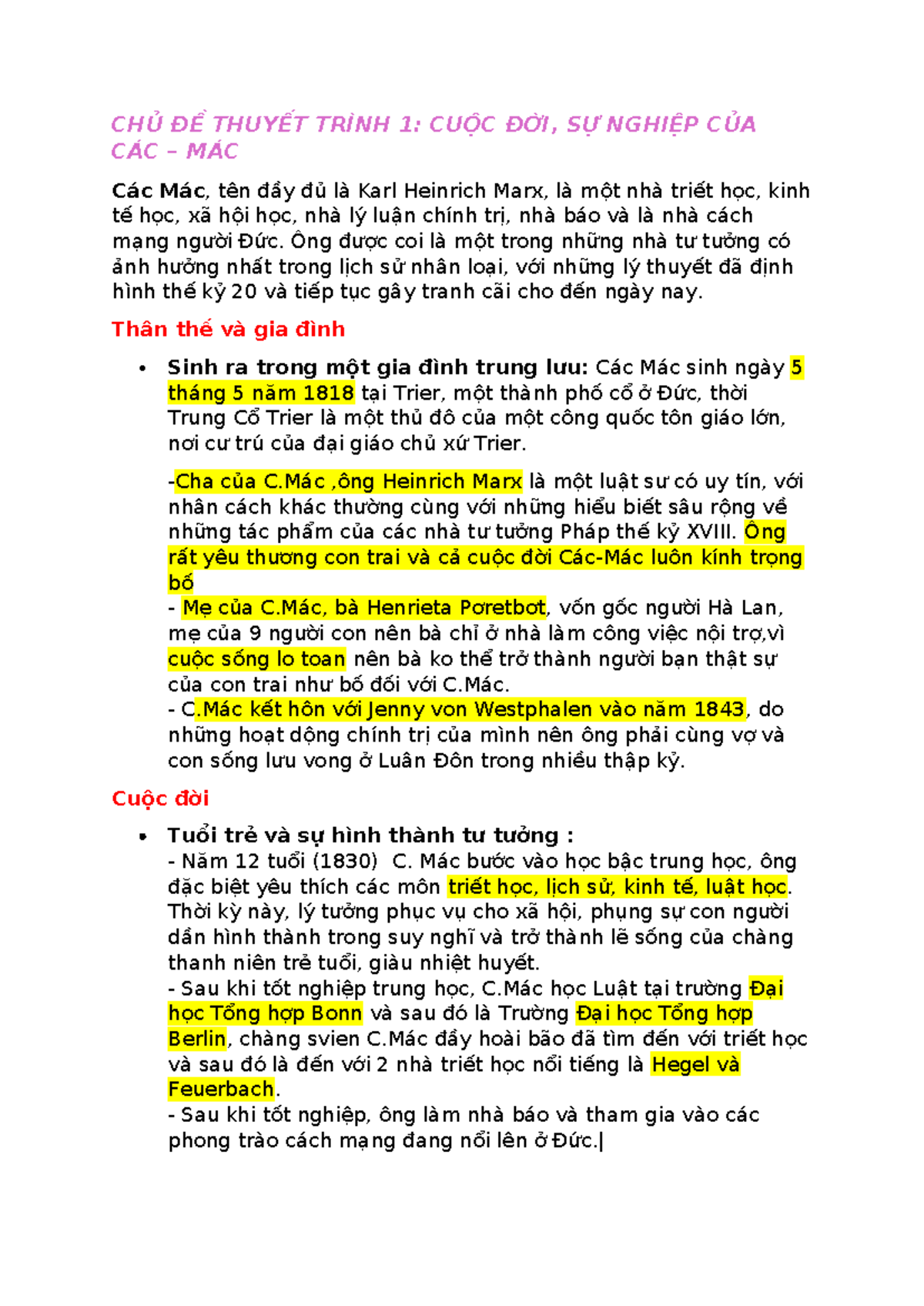 Các Mác: Cuộc Đời và Sự Nghiệp - Thuyết Trình 1 - Studocu