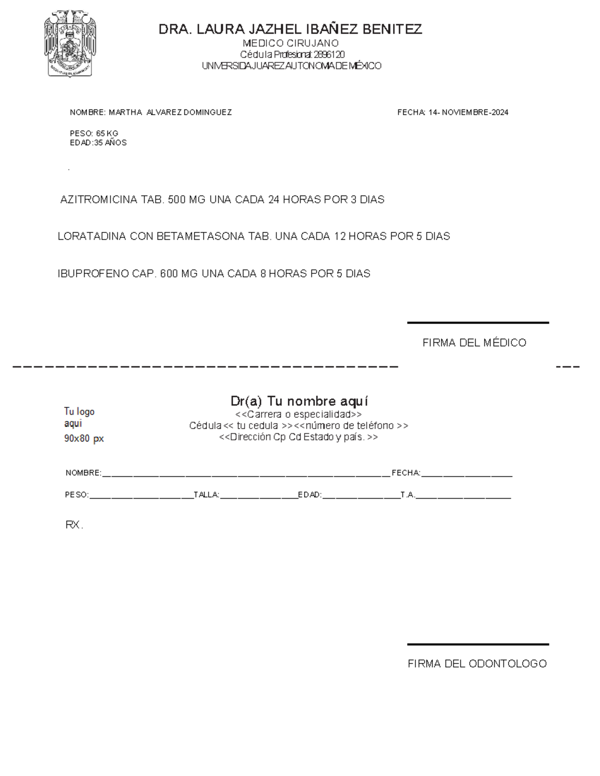 Receta- Medica-4 - AZITROMICINA TAB. 500 MG UNA CADA 24 HORAS POR 3 ...
