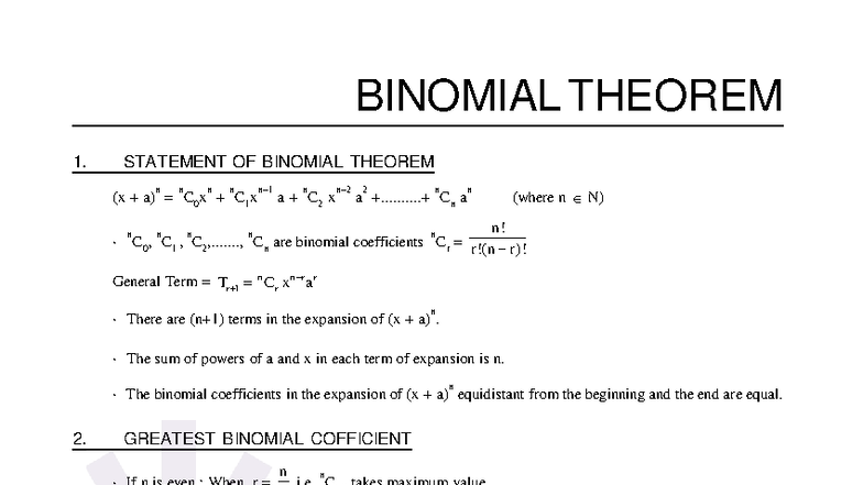 BINOMIAL THEOREM FORMULAS - QUIZ NOTES (MATH 101) - Studocu