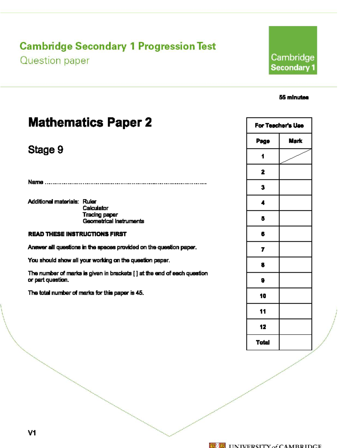 Cambridge Secondary 1 Mathematics Progression Test Paper 2 (Stage 9 ...