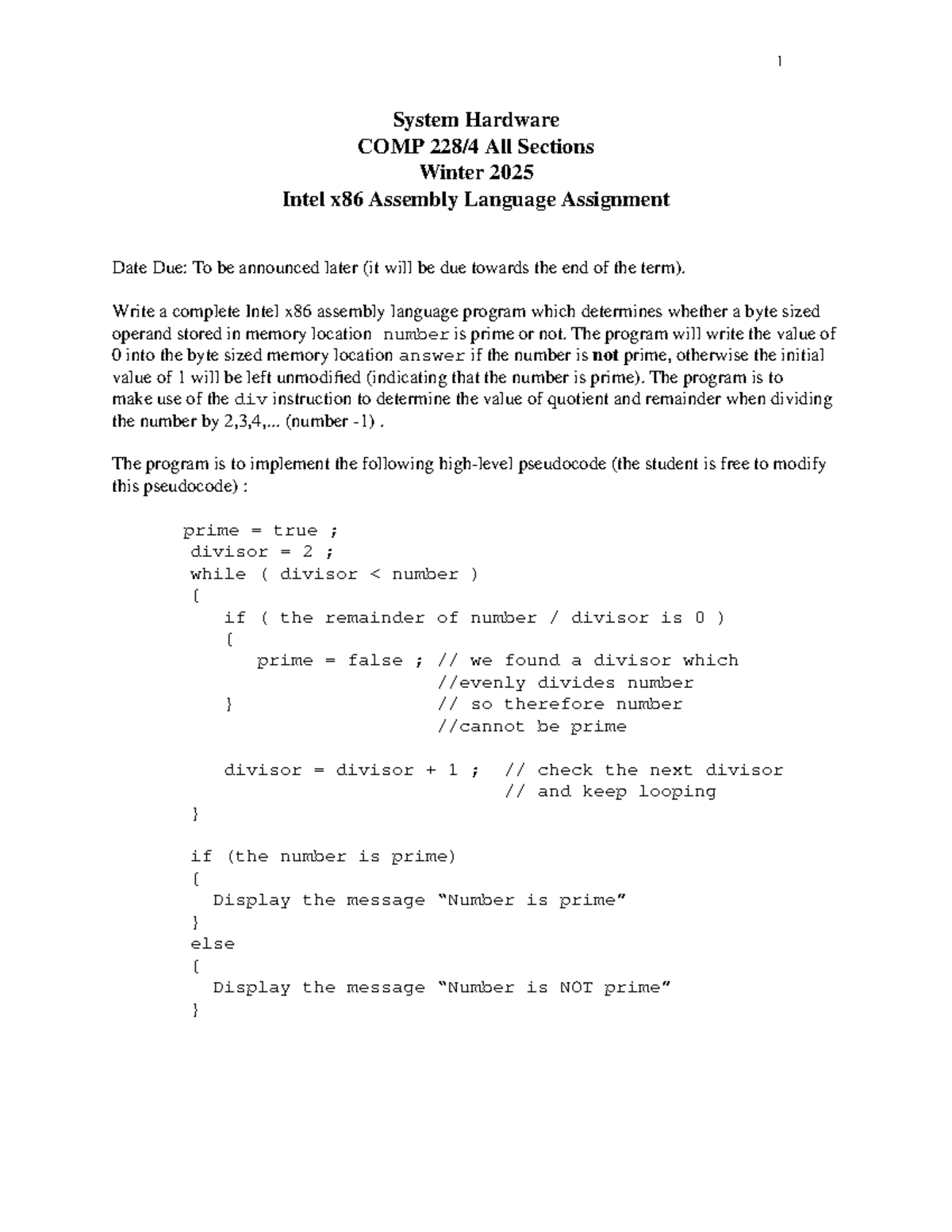 Assignment 2 winter 2025 - System Hardware COMP 228/4 All Sections ...