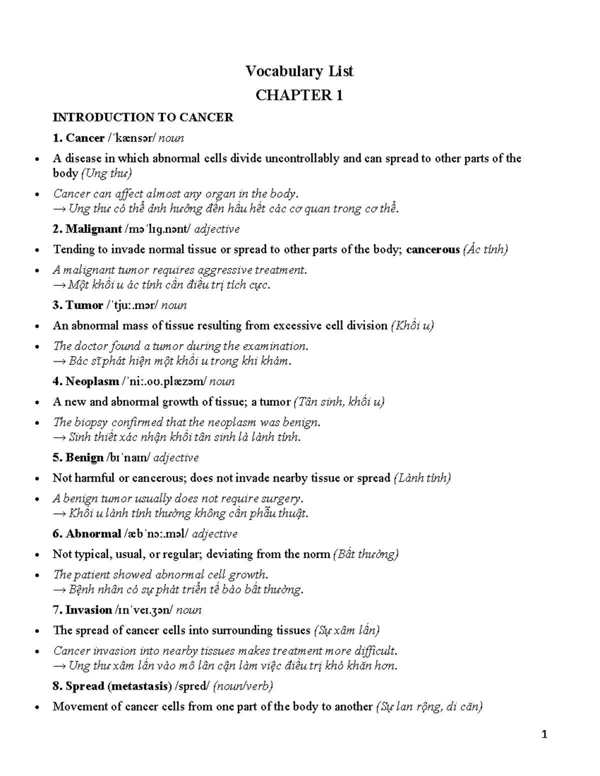 Vocabulary List - CHAPTER 1: Introduction to Cancer and Stem Cells ...