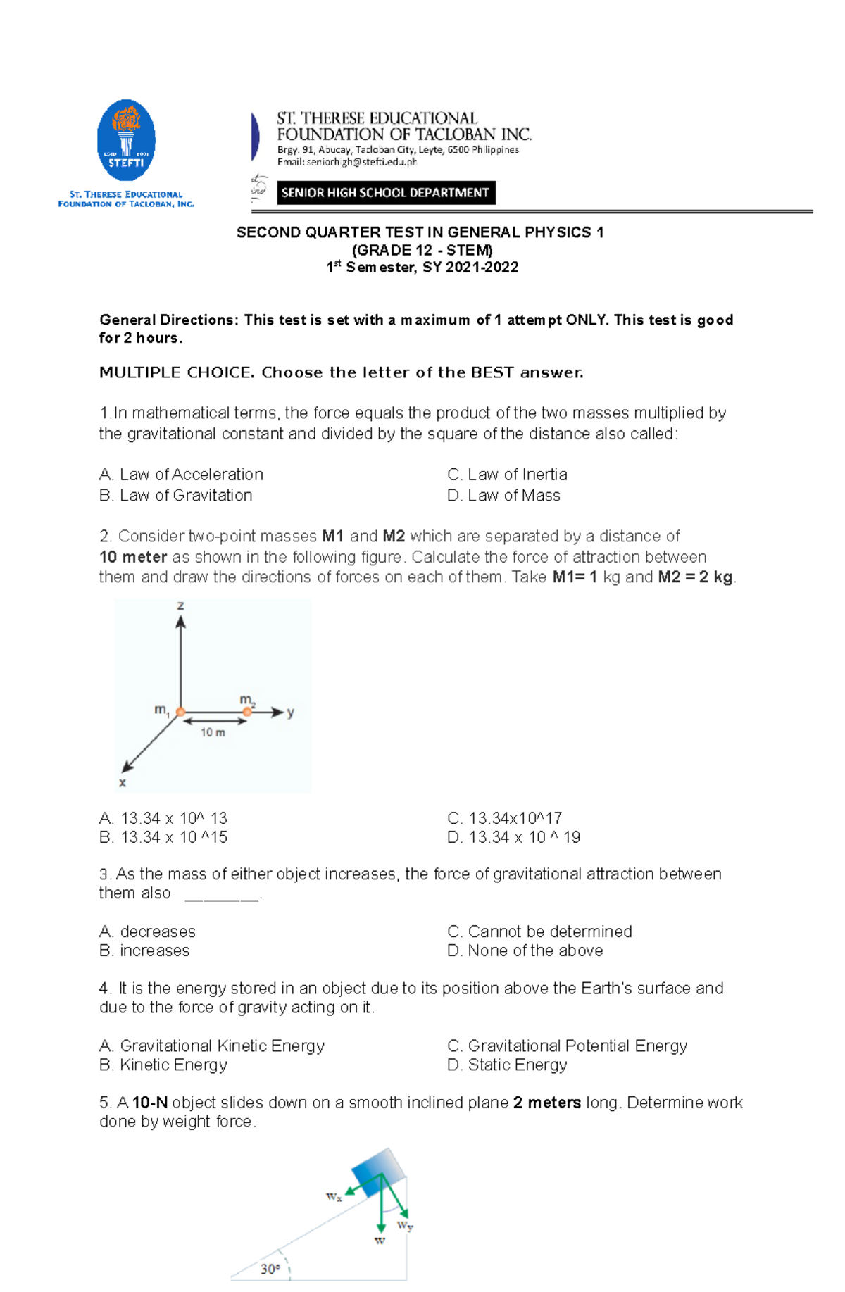 Second Quarter Test in Gen Physics 1 (Grade 12 - STEM) 2021 - Studocu