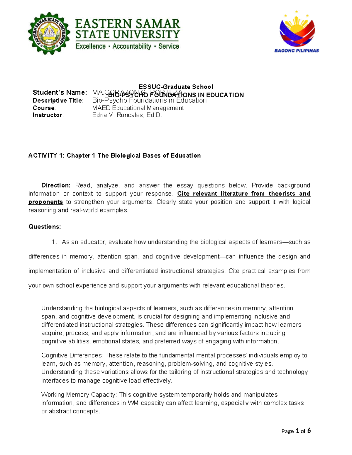 BIO-Psycho Activity 1: Understanding Biological Bases in Education ...