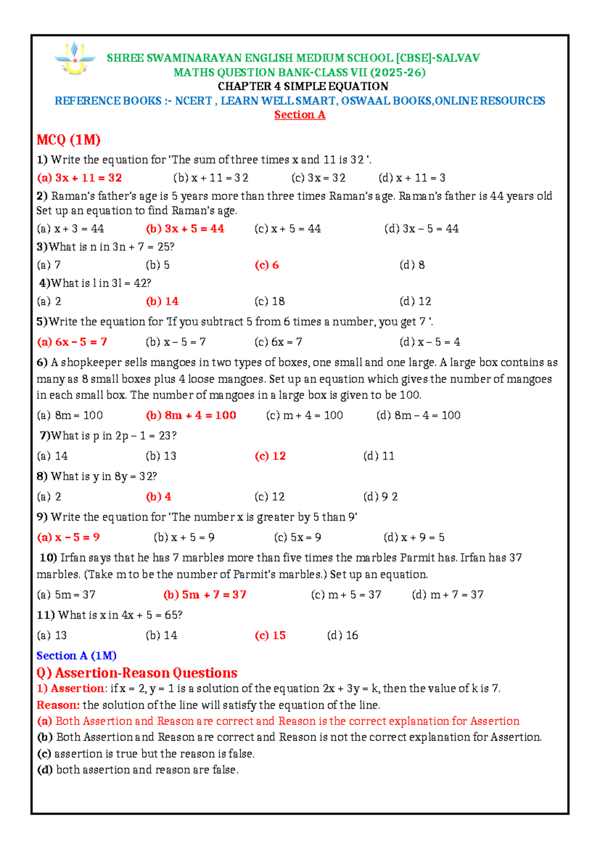 Chapter 4 Simple Equations - Maths Questions VII (2025-26) - Studocu