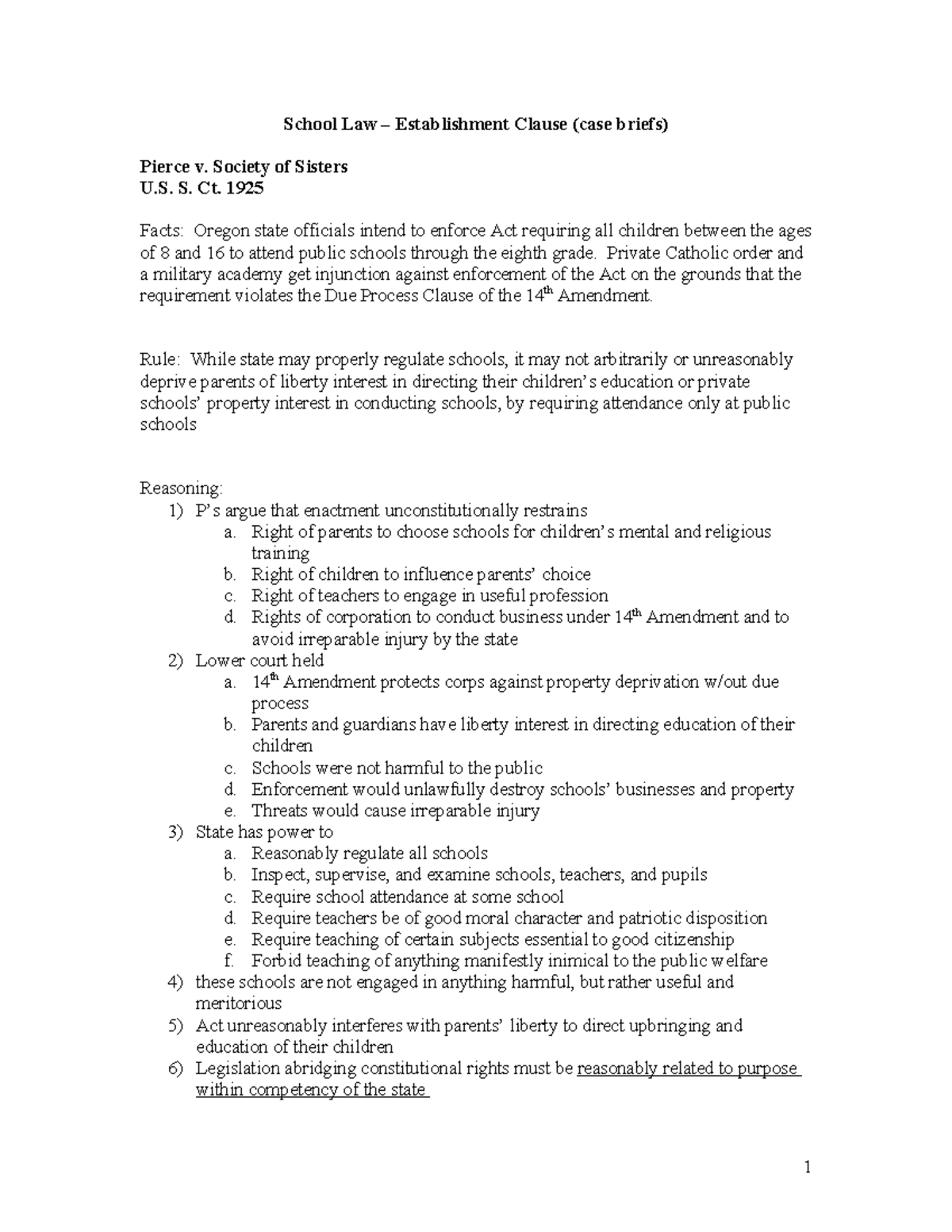 School Law (Spring 2025): Establishment Clause Case Briefs Overview ...