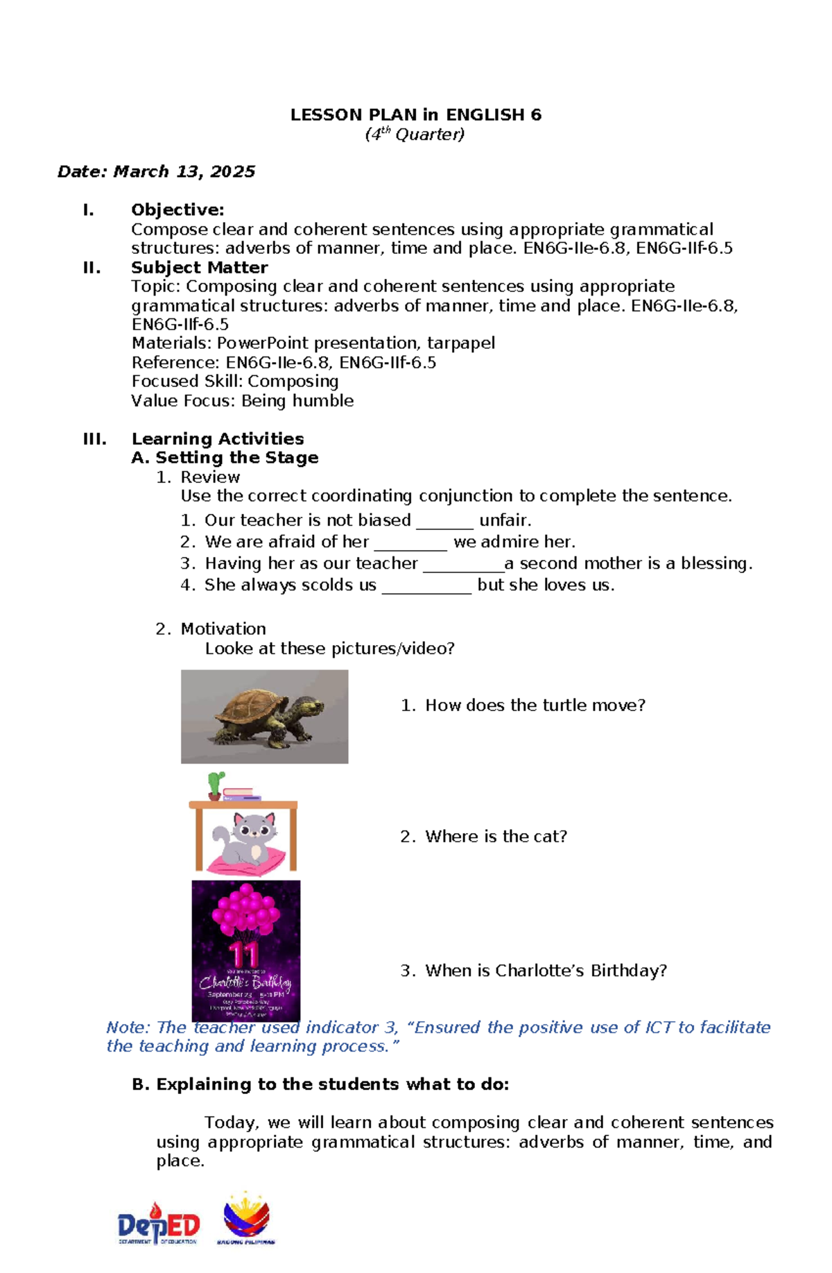 Lesson Plan: Composing Sentences with Adverbs in English 6 (4th Quarter ...