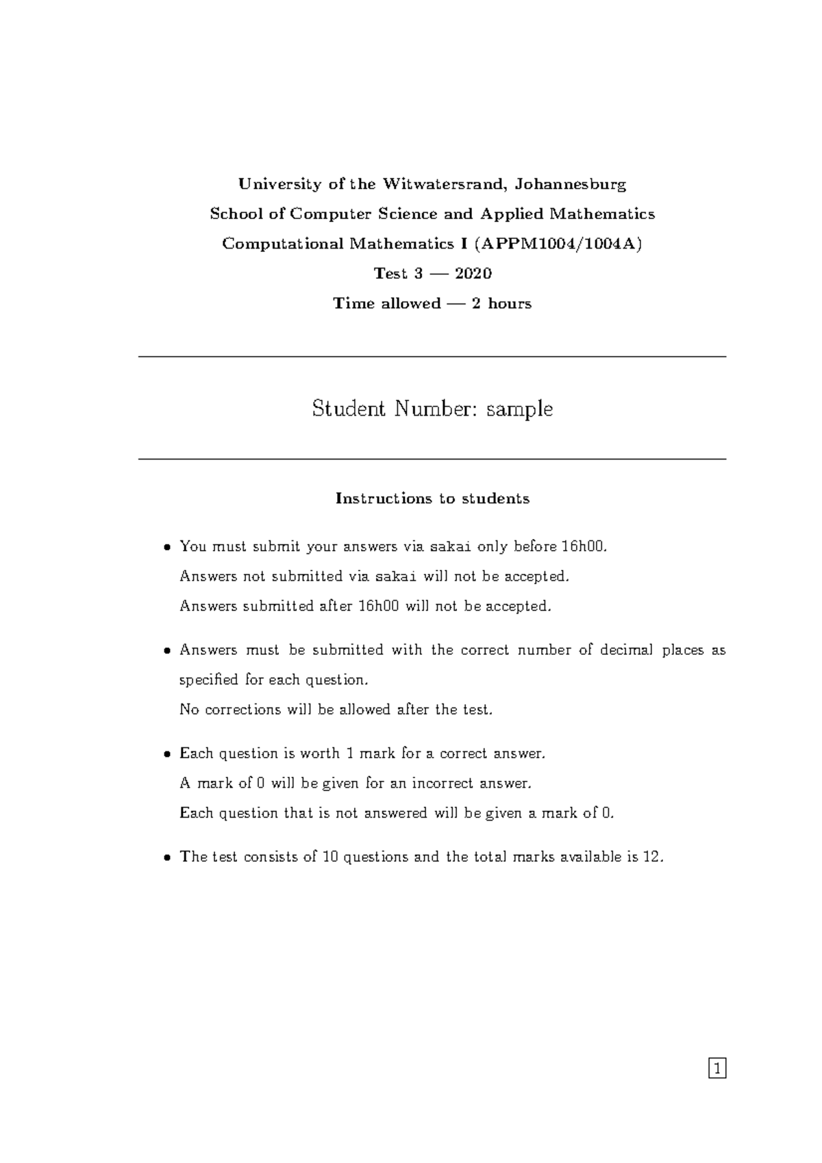Test 3 Sample - APPM1004/1004A Computational Mathematics Practice - Studocu