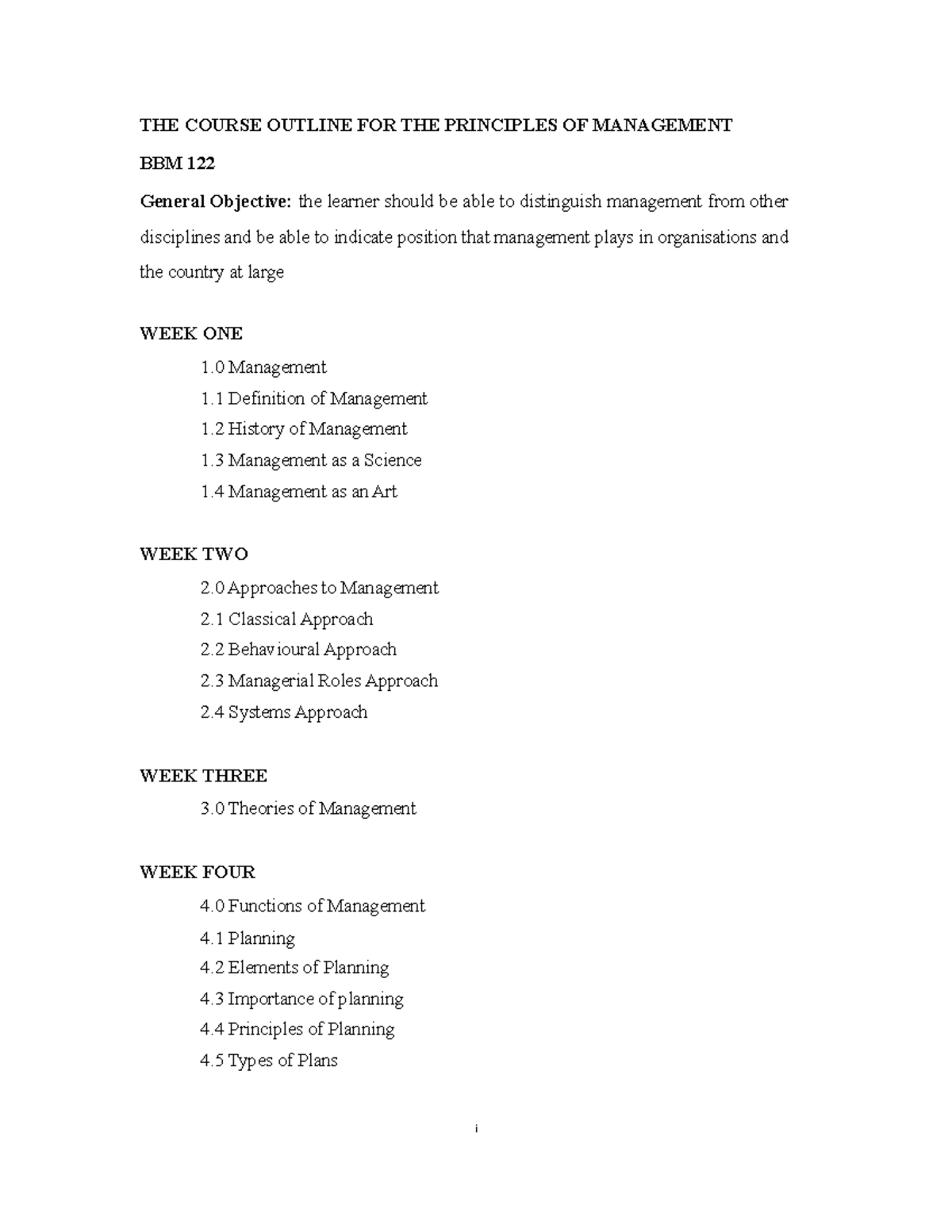 BBM 122: Comprehensive Principles of Management Course Outline - Studocu