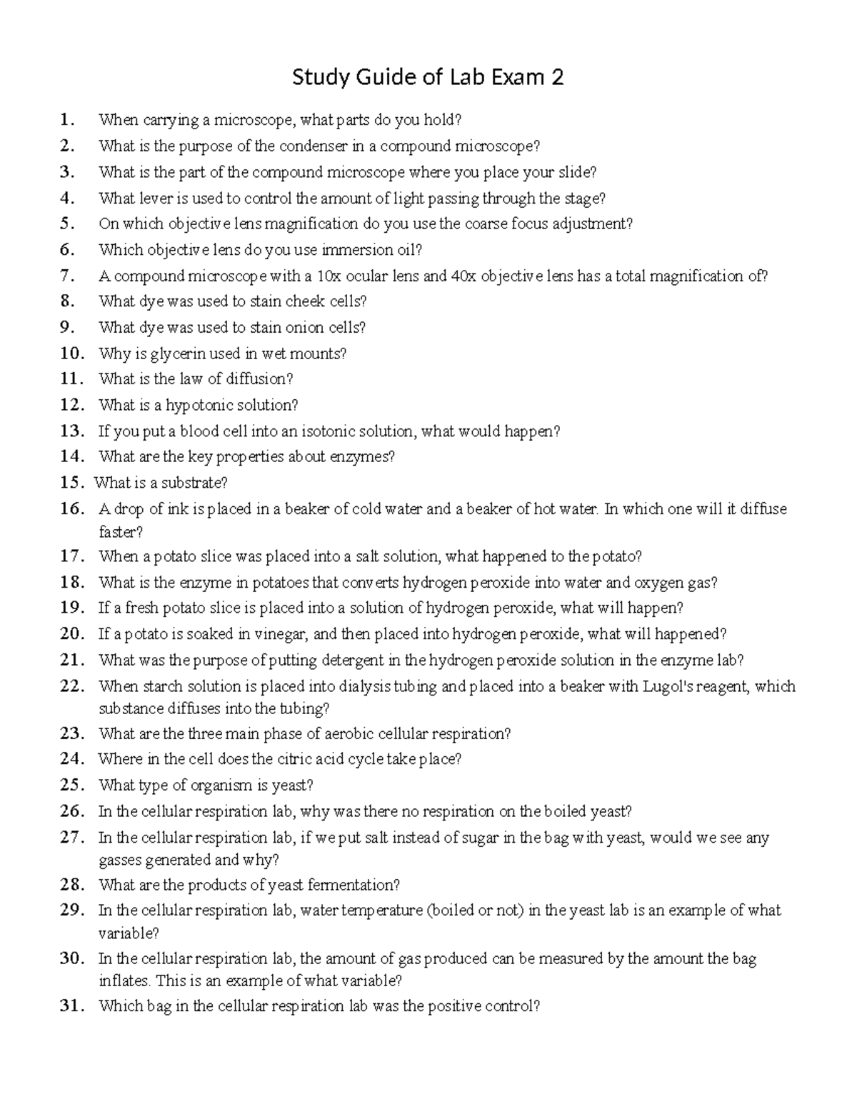 Lab Exam 2 Study Guide: Cellular Respiration & Photosynthesis Concepts ...