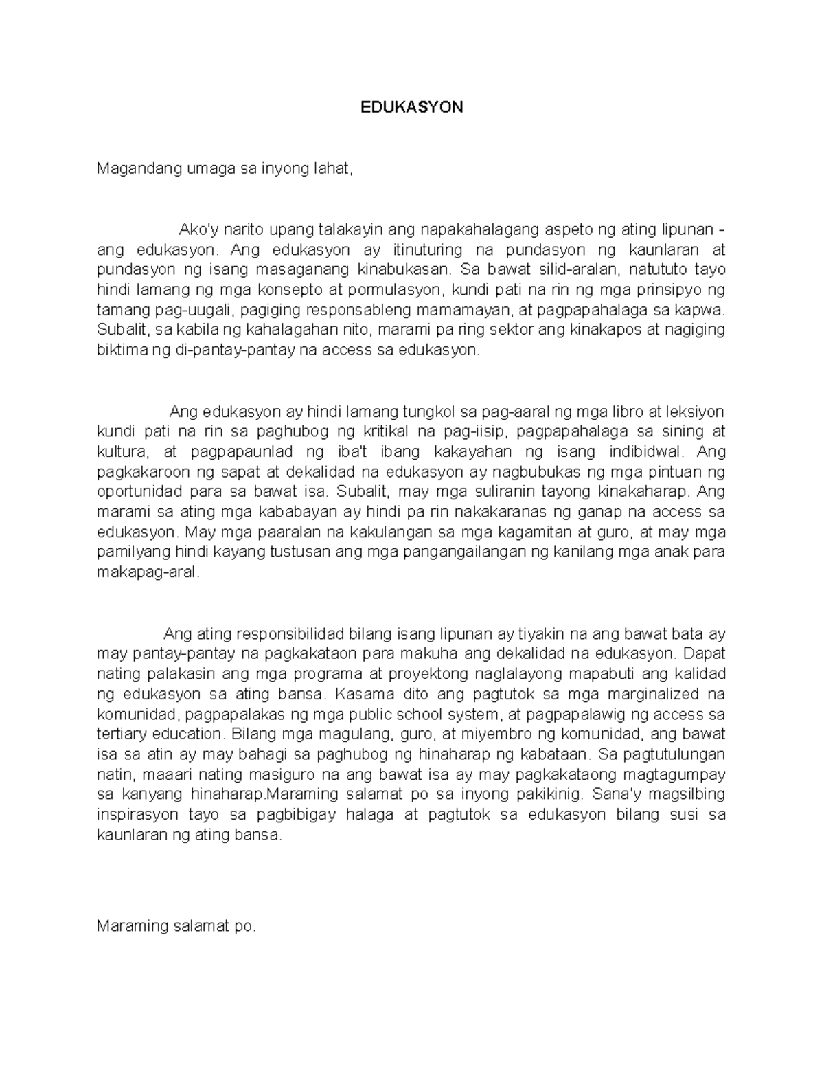 Talumpati 01 - EDUKASYON Magandang umaga sa inyong lahat, Ako'y narito ...