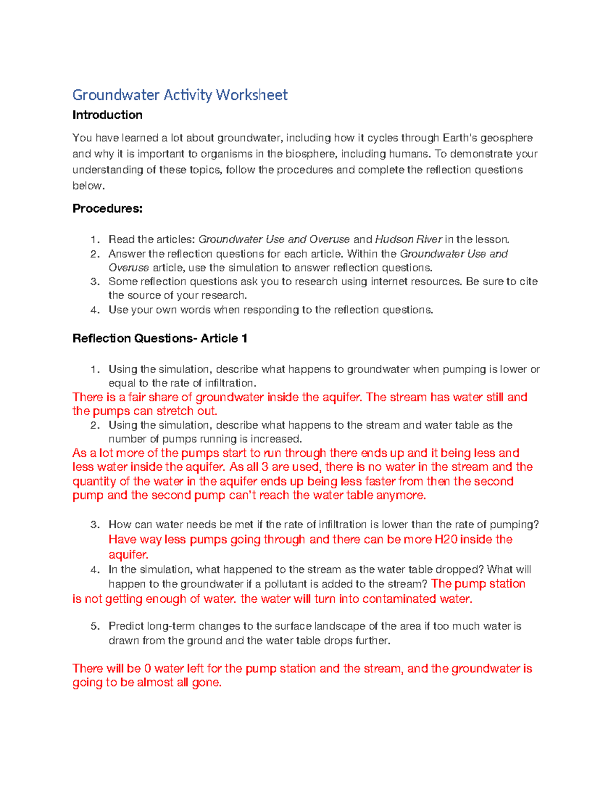 Groundwater Activity Worksheet: Earth Science 3.02 Reflection Tasks ...
