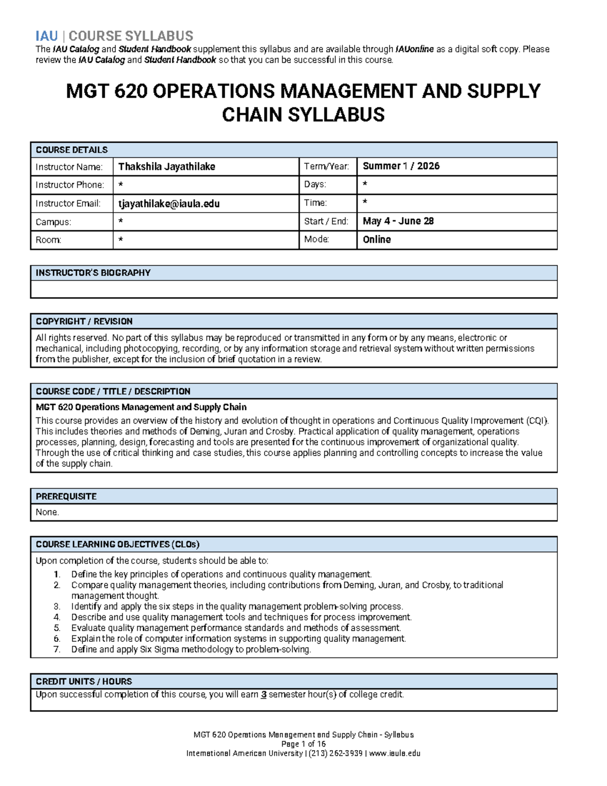 MGT 620 Operations Management & Supply Chain Course Syllabus - Studocu