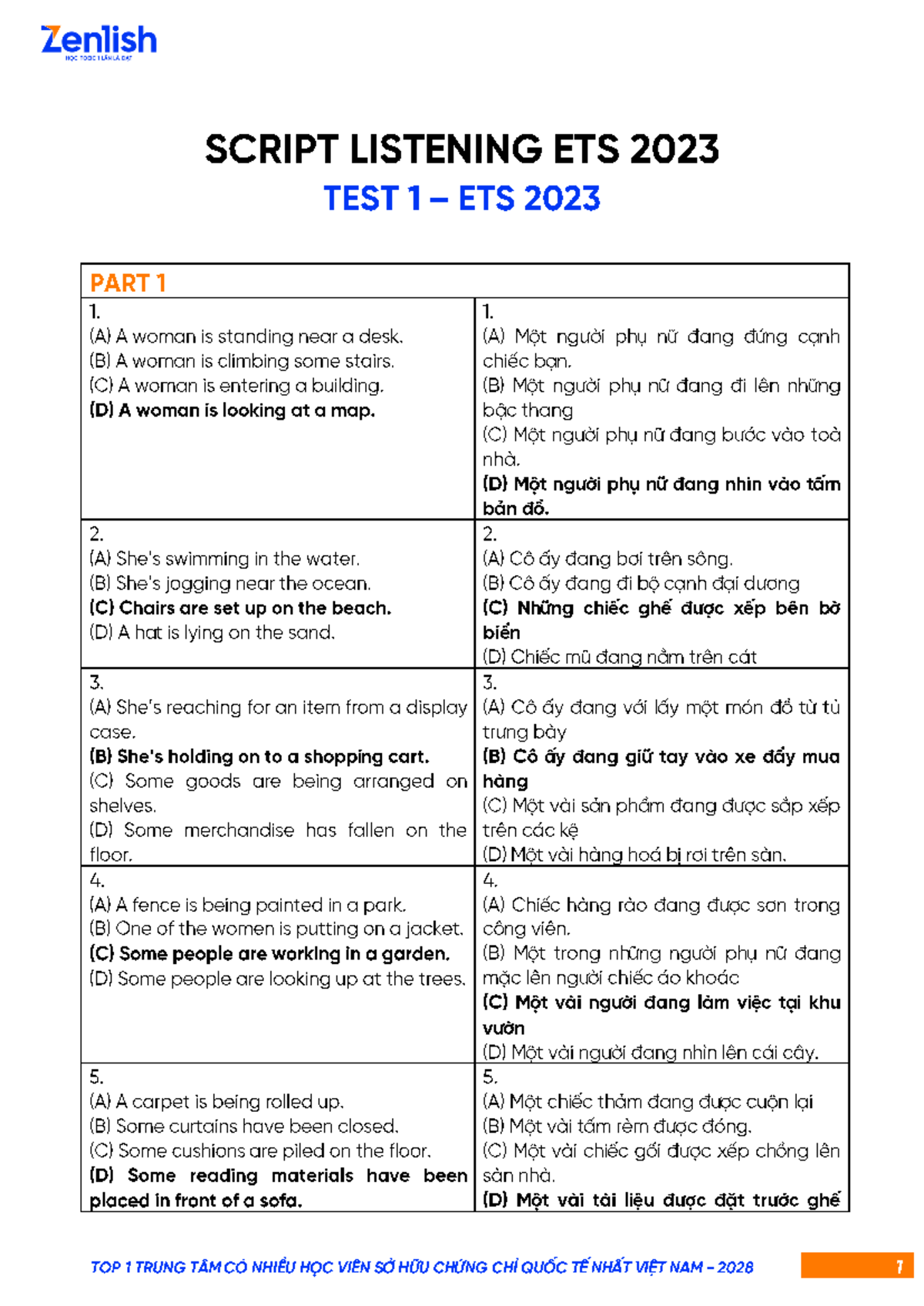 1.7. GIẢI CHI TIẾT TEST 1 ETS 2023 LC - Tiếng Anh Cơ bản - ̉ - Studocu