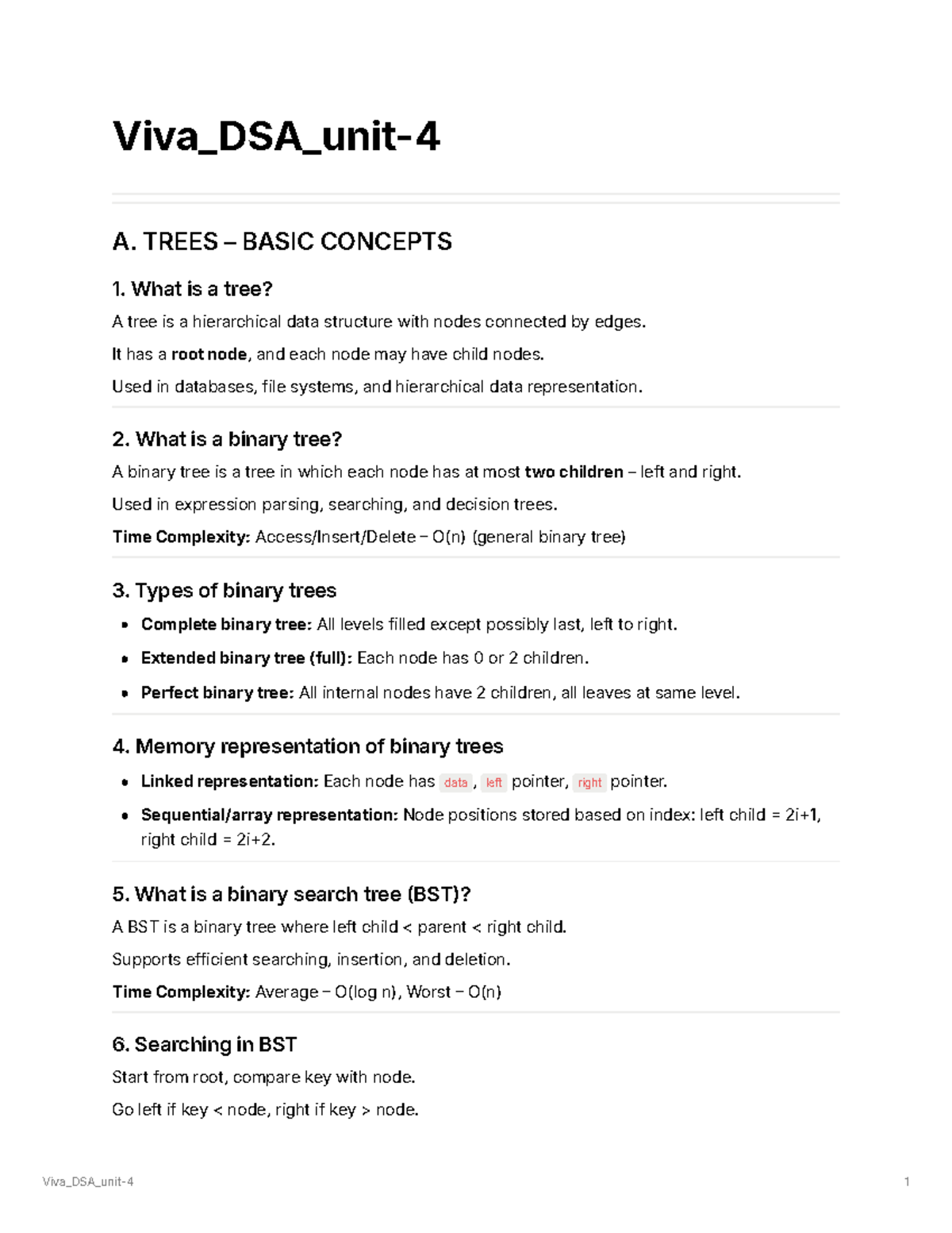 Viva DSA Unit-4: Trees & Recursion Concepts and Time Complexity - Studocu