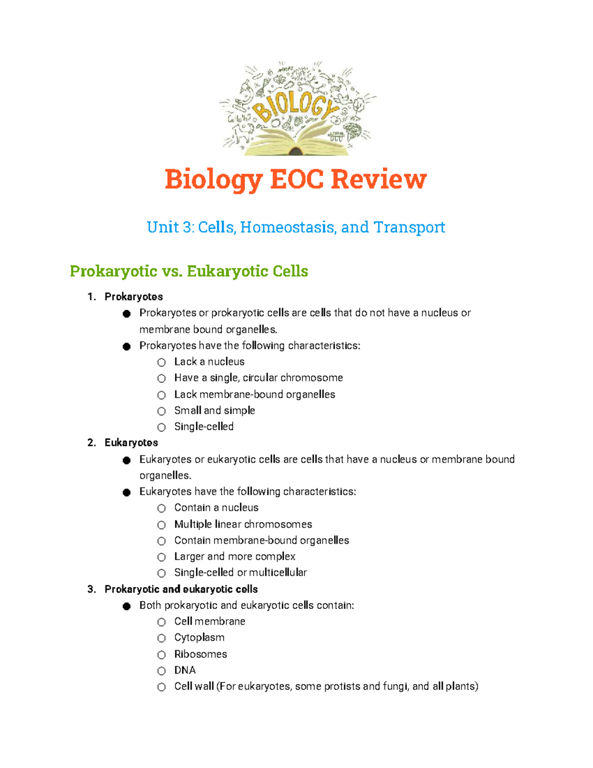Biology EOC Review: Cells, Homeostasis, and Transport Overview ...