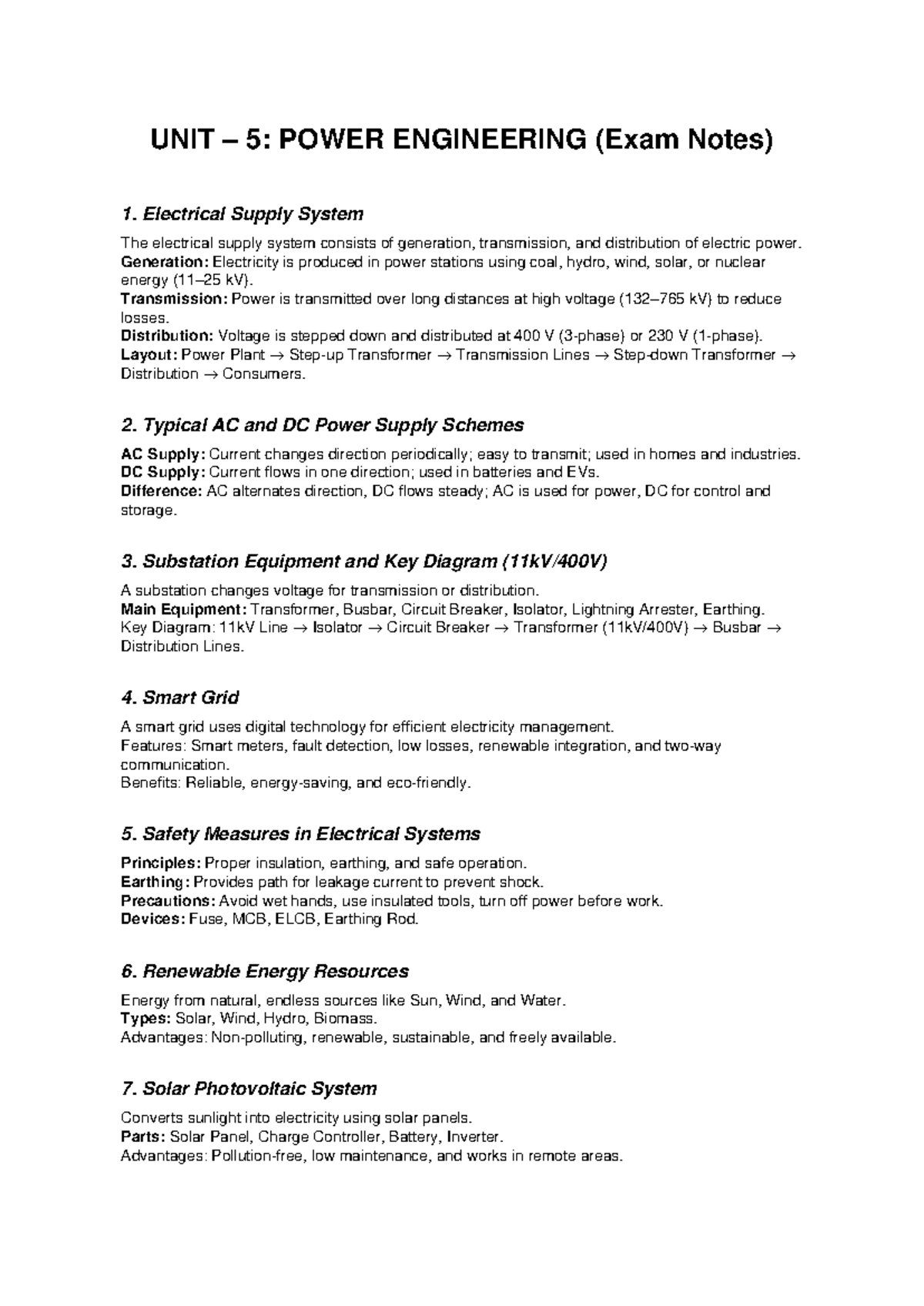 Power Engineering (ENGR 101) Unit 5 Exam Notes: Electrical Systems ...
