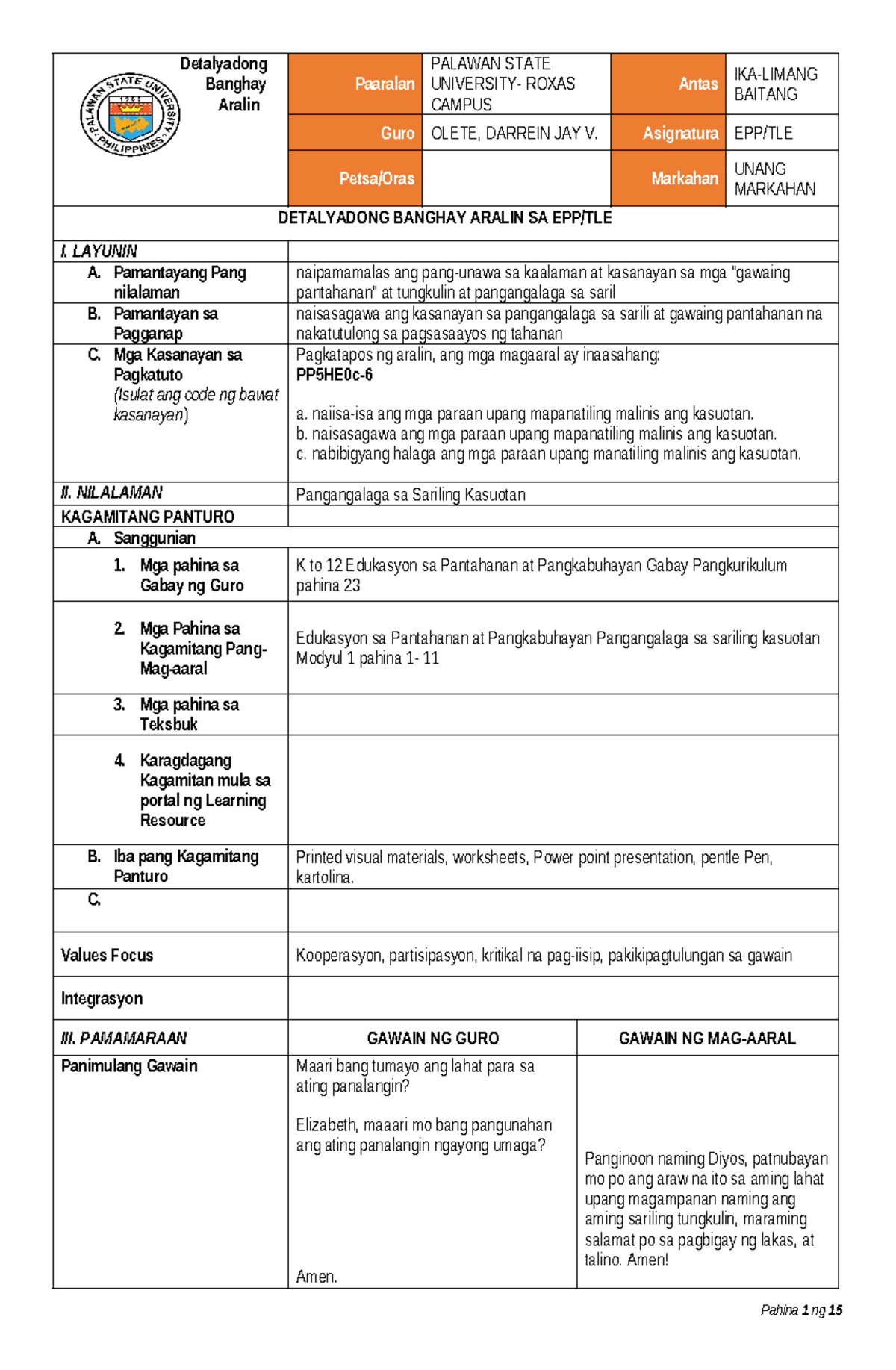 Epp lp - epp lp - Detalyadong Banghay Aralin Paaralan PALAWAN STATE ...