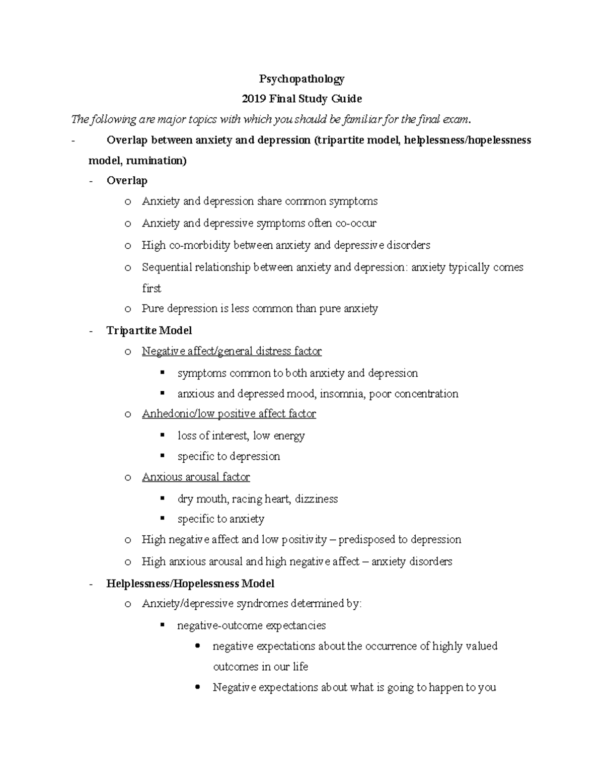 Psychopathology final exam study guide - Psychopathology 2019 Final ...