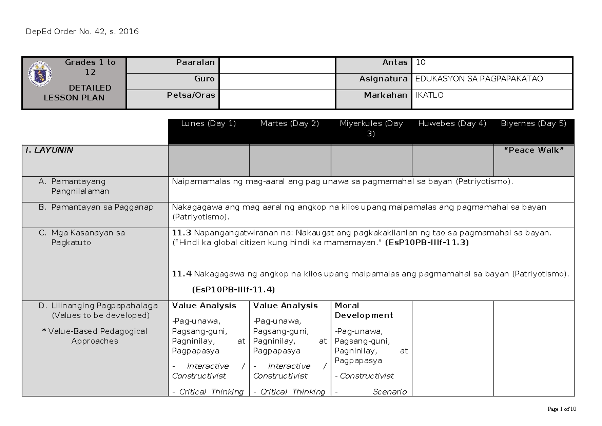 EsP 10 Detailed Lesson Plan: Pagmamahal sa Bayan (Week 3) - Studocu