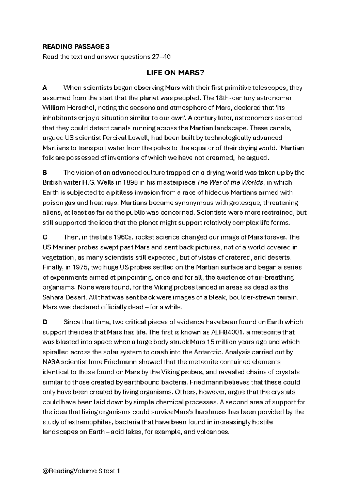 V8T1P3 LIFE ON MARS - Reading Passage Analysis and Questions - Studocu