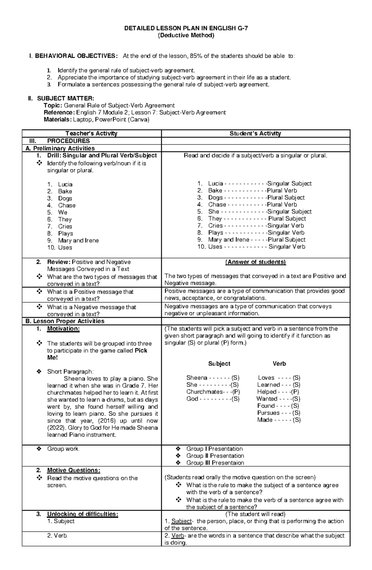 DLP English 7 Midterm Lesson Plan on Subject-Verb Agreement - Studocu