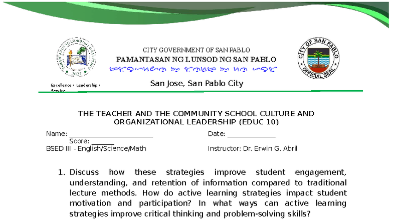 EDUC 10: Active Learning Strategies in Community School Culture - Studocu