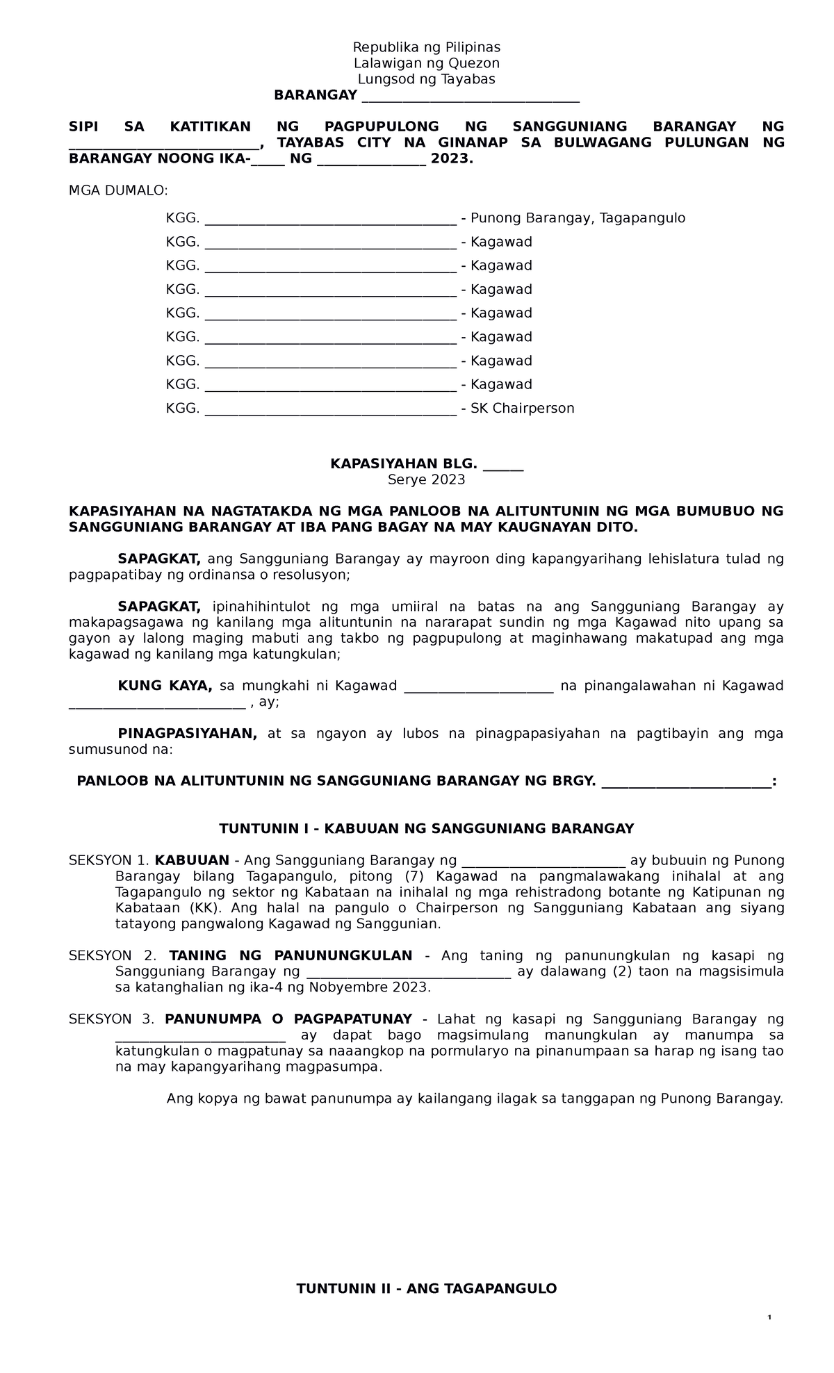 Kapasiyahan BLG. _____: Panloob na Alituntunin ng Sangguniang Barangay ...