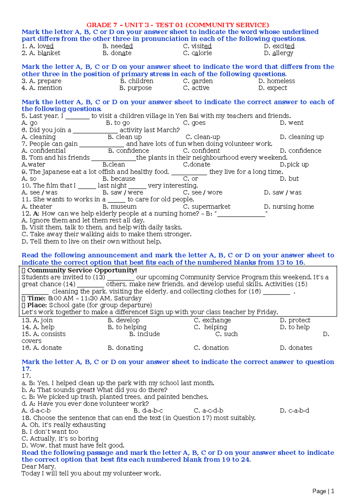 GRADE 7 UNIT 3 TEST 01 (COMMUNITY SERVICE) - ANSWERS INCLUDED - Studocu
