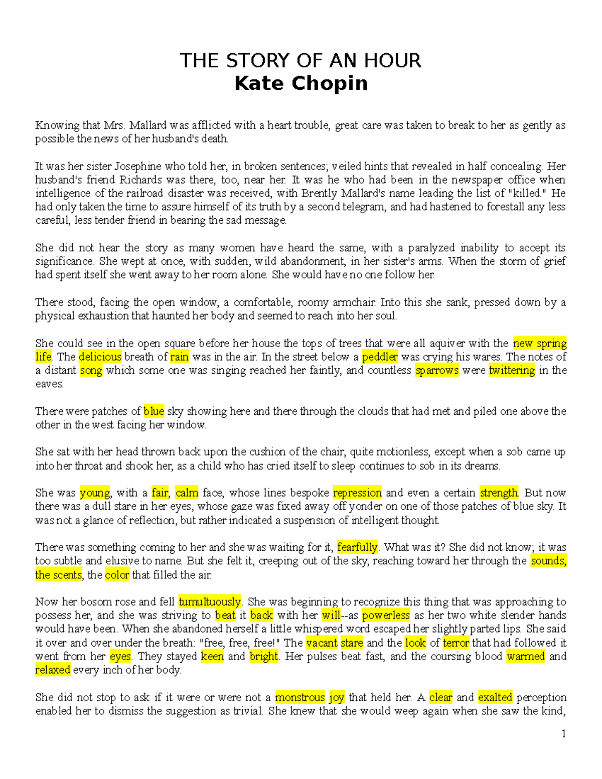 The Story of An Hour - Analysis and Themes of Kate Chopin's Work - Studocu