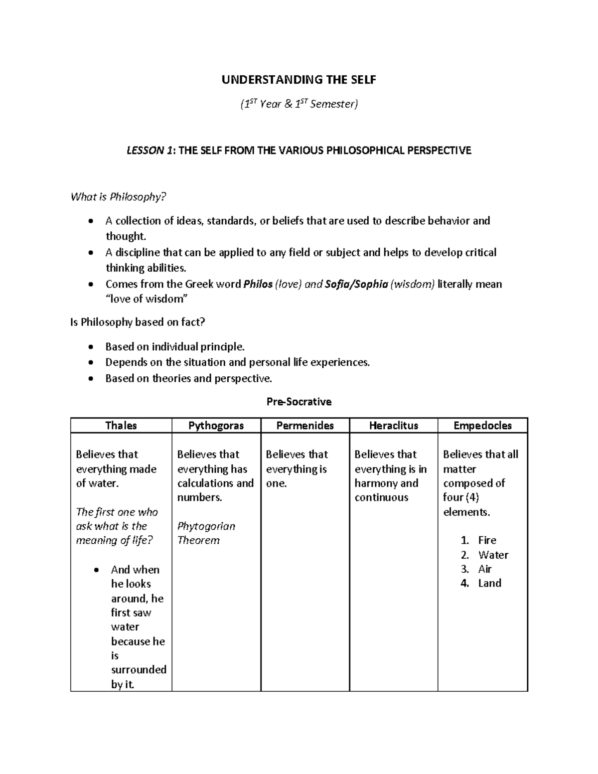 Understanding the Self: A Philosophical Exploration (1st Year, 1st Sem ...