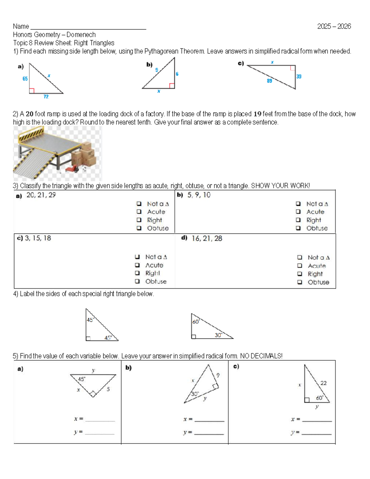 Honors Geometry 2025-2026: Topic 8 Review on Right Triangles - Studocu