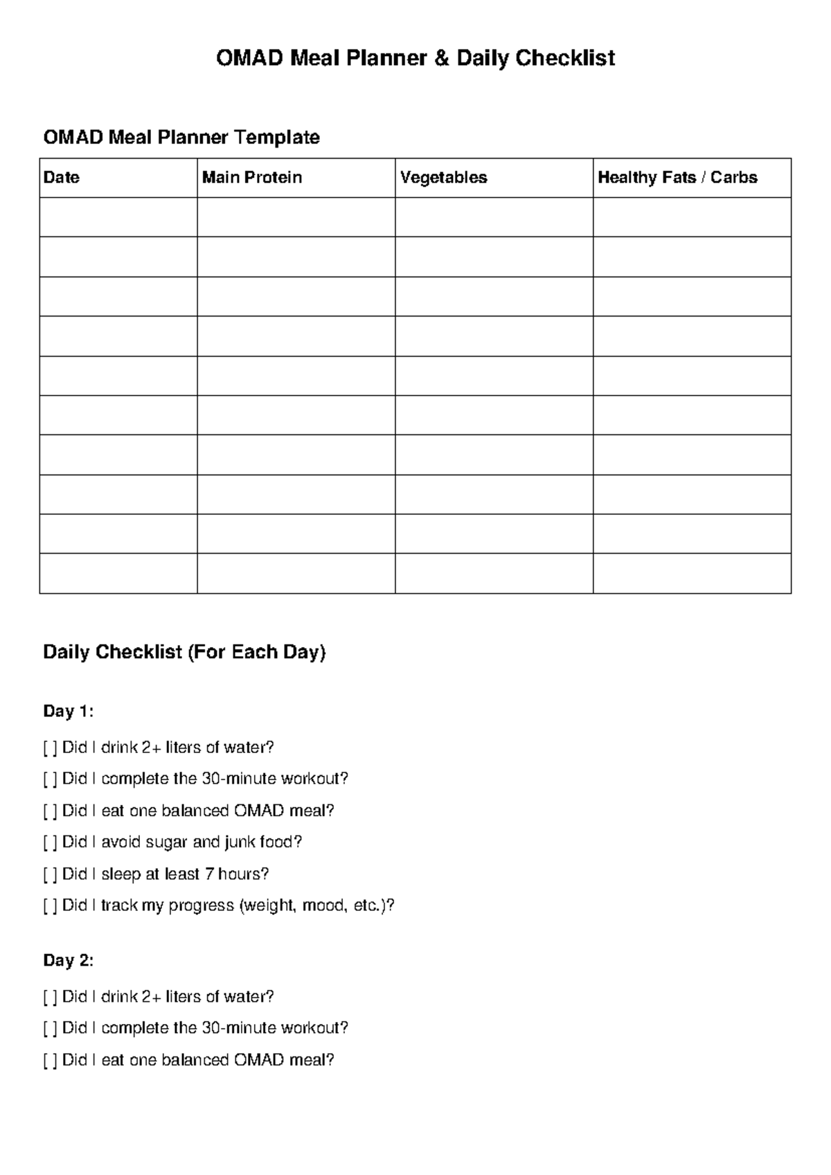 OMAD Meal Planner Daily Checklist Template - Studocu