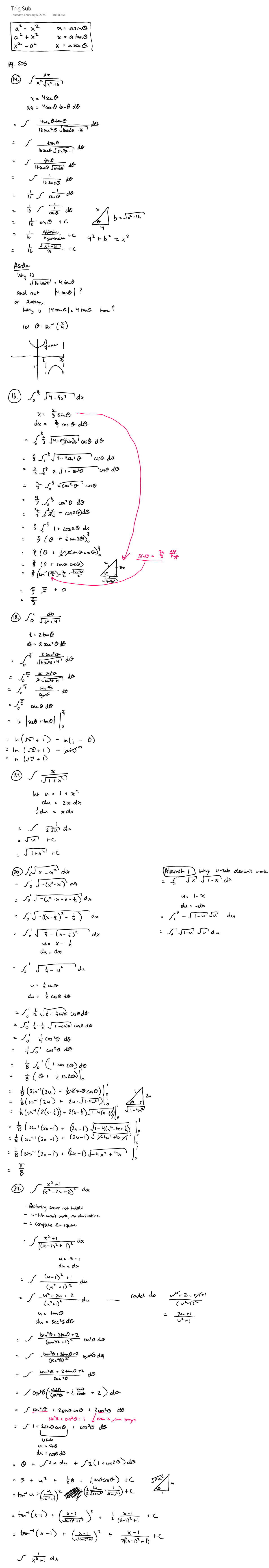 Trig Substitutions Notes For Math 101 Key Concepts Examples Studocu