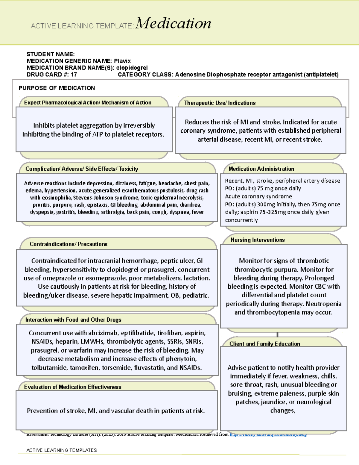 Clopidogrel Drug Card: Dosage & Nursing Insights (Pharmacology) - Studocu