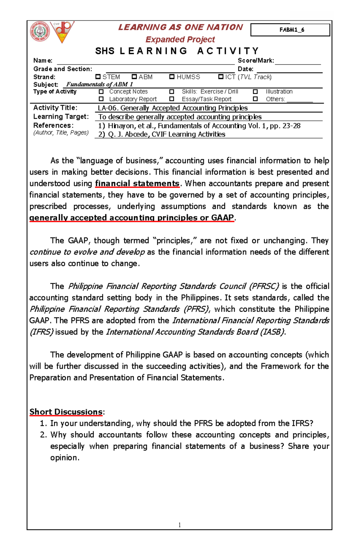 FABM1_6 Learning Activity on Generally Accepted Accounting Principles ...